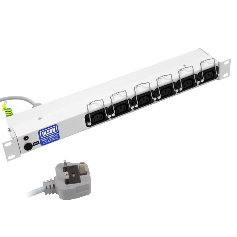 6 Way 19" 1U 10A IEC 60320 C13 Retaining Clips Neon & Fused 13A Plug ...